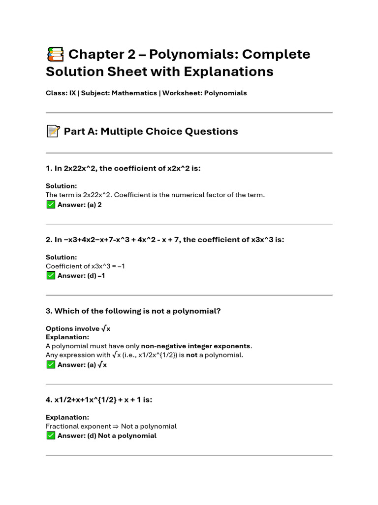 IX Math Polynomials Sheet - Solutions | PDF | Polynomial | Abstract Algebra
