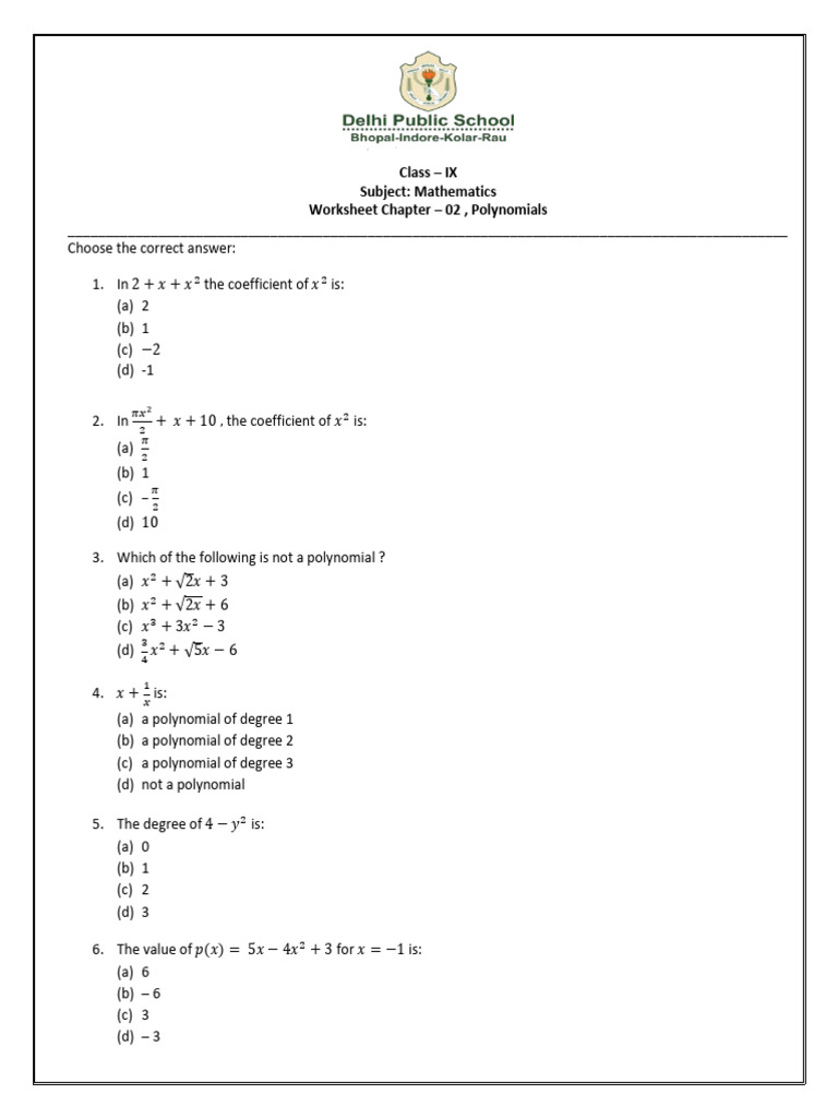 Class IX Mathematics Polynomials Worksheet | PDF | Polynomial | Zero Of ...