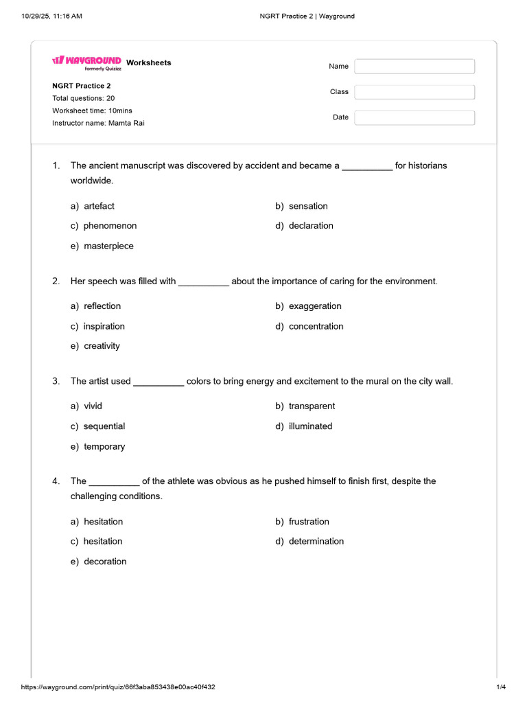 NGRT Practice Worksheets for Students | PDF