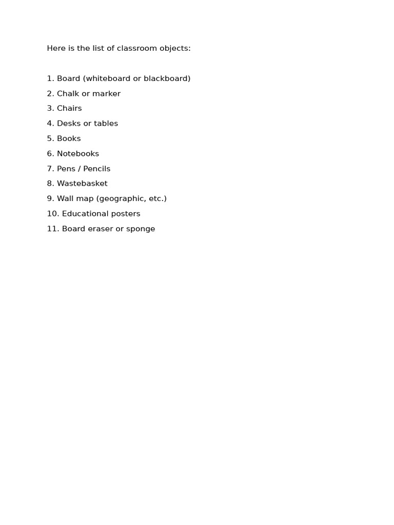 Essential Classroom Objects List | PDF