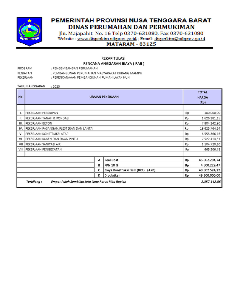 RAB RLH Rekap_sumbawa | PDF