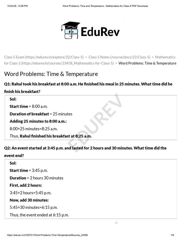 Word Problems - Time and Temperature - Mathematics For Class 5 PDF ...