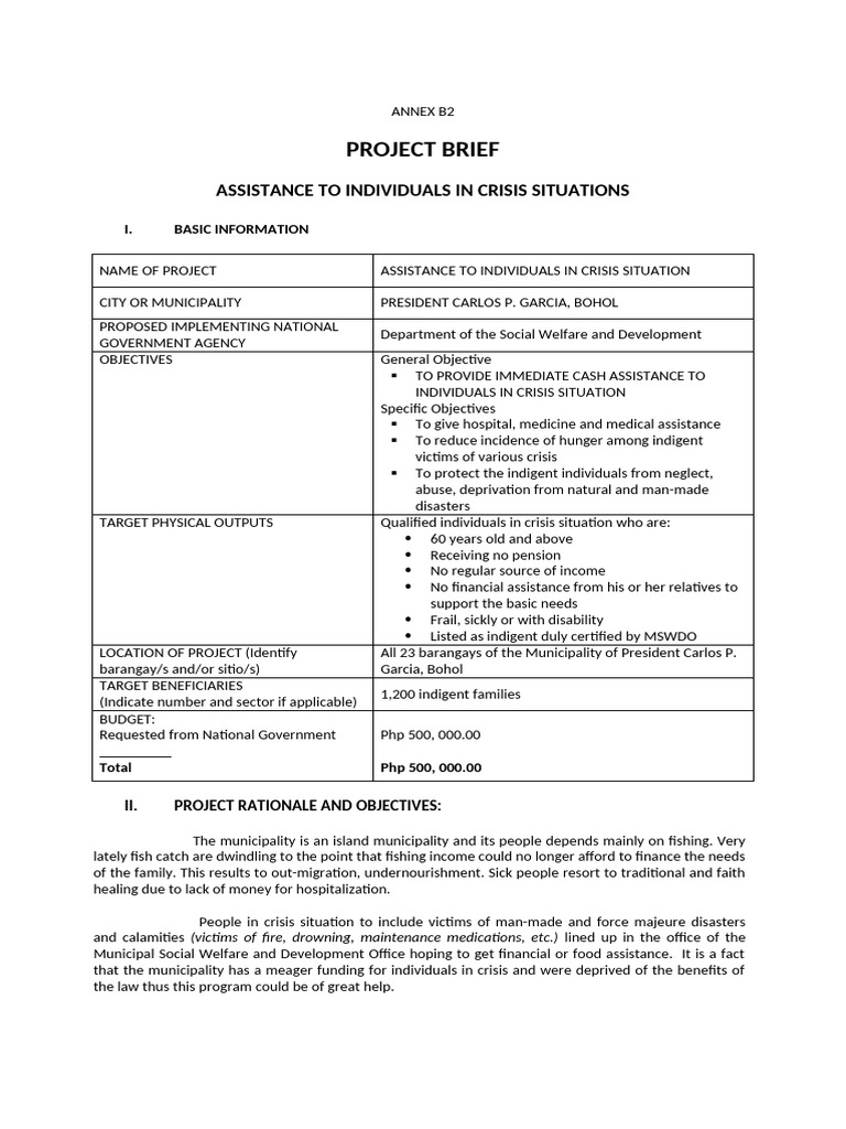 Project Brief - Assistance To Individuals in Crisis Situation | PDF ...