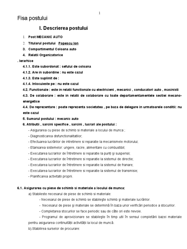Model Fisa Postului Gratuit : Model Document Fisa postului pentru ...