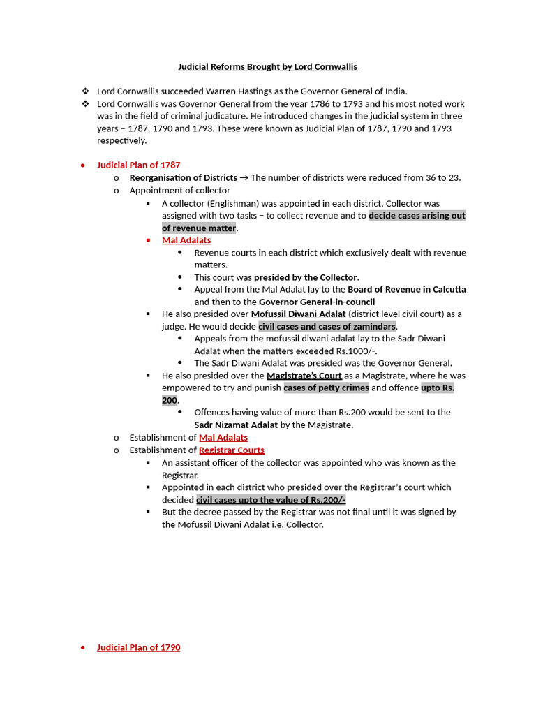 Lord Cornwallis' Judicial Reforms in India | PDF | Magistrate | Court ...
