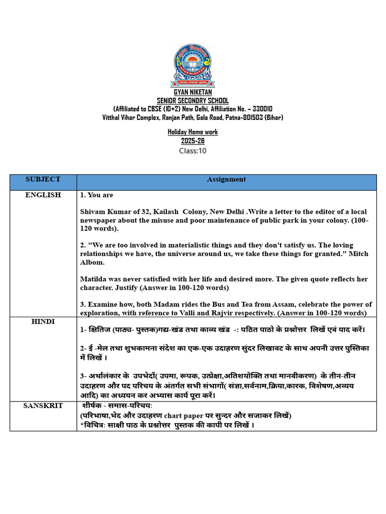 Compiled Holiday Homework For Class 10 (2) Final | PDF | Nutrition ...