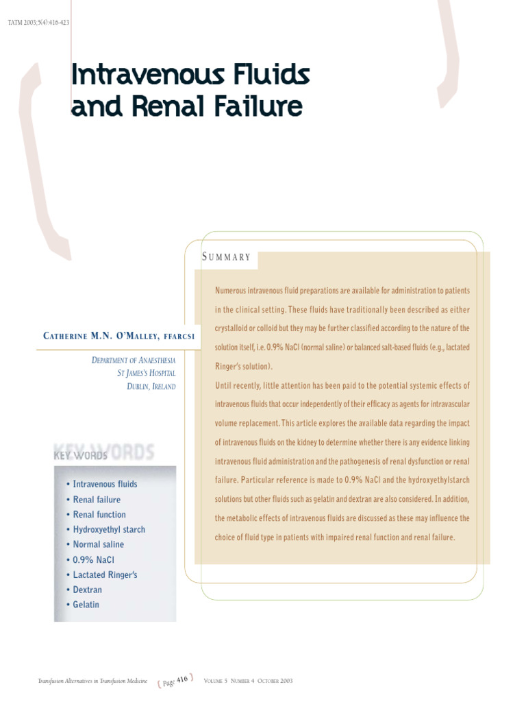 IV Fluids and Renal Failure Risks | PDF | Kidney | Intravenous Therapy
