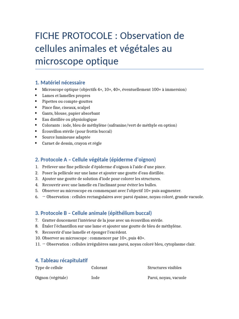 Fiche Protocole Observation Cellules | PDF