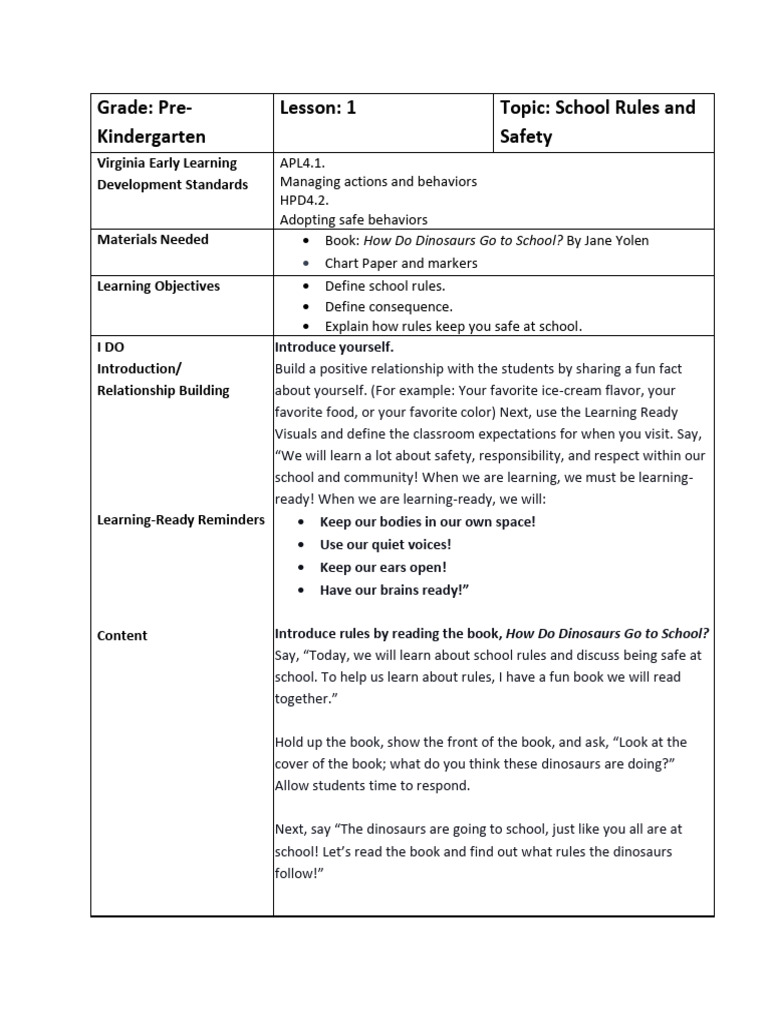 Pre-K School Rules & Safety Lesson | PDF | Human Communication | Learning