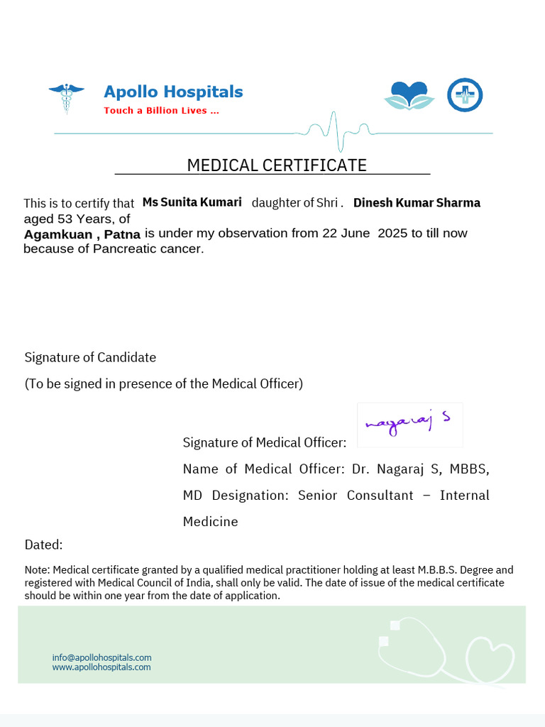 Medical Certificate for Cancer Patient | PDF