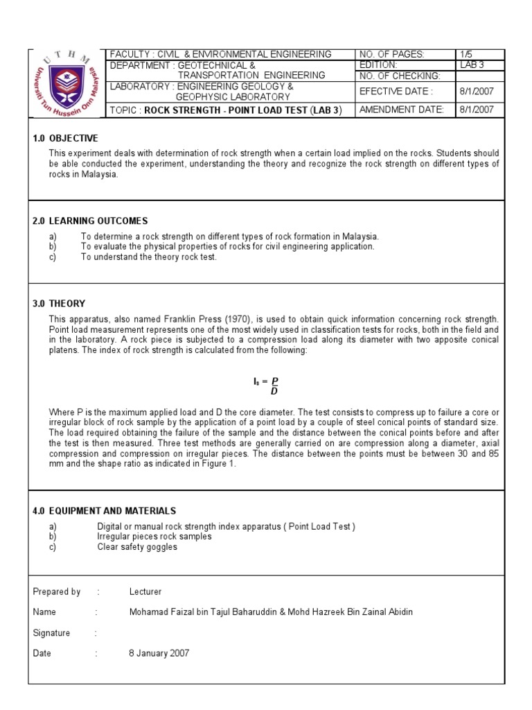 Point Load Test for Rock Strength Analysis | PDF | Structural Load ...