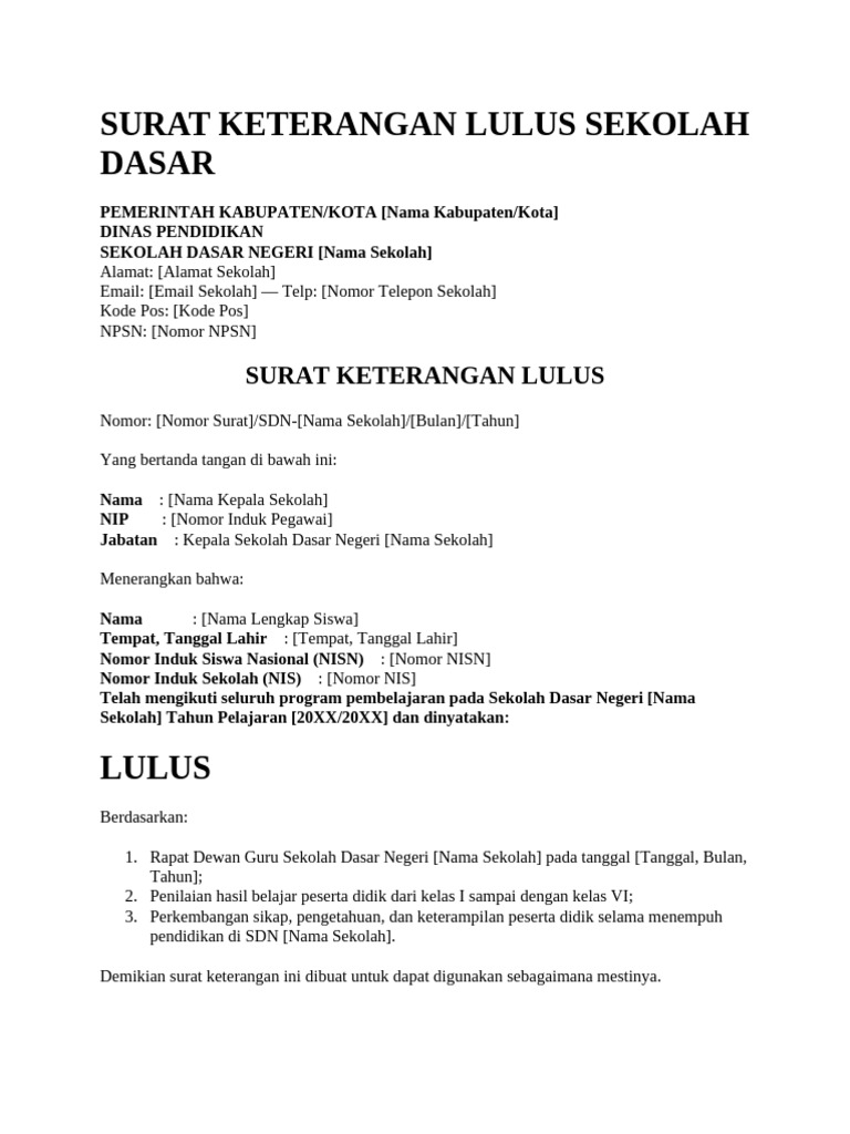 Surat Keterangan Lulus SD Resmi | PDF