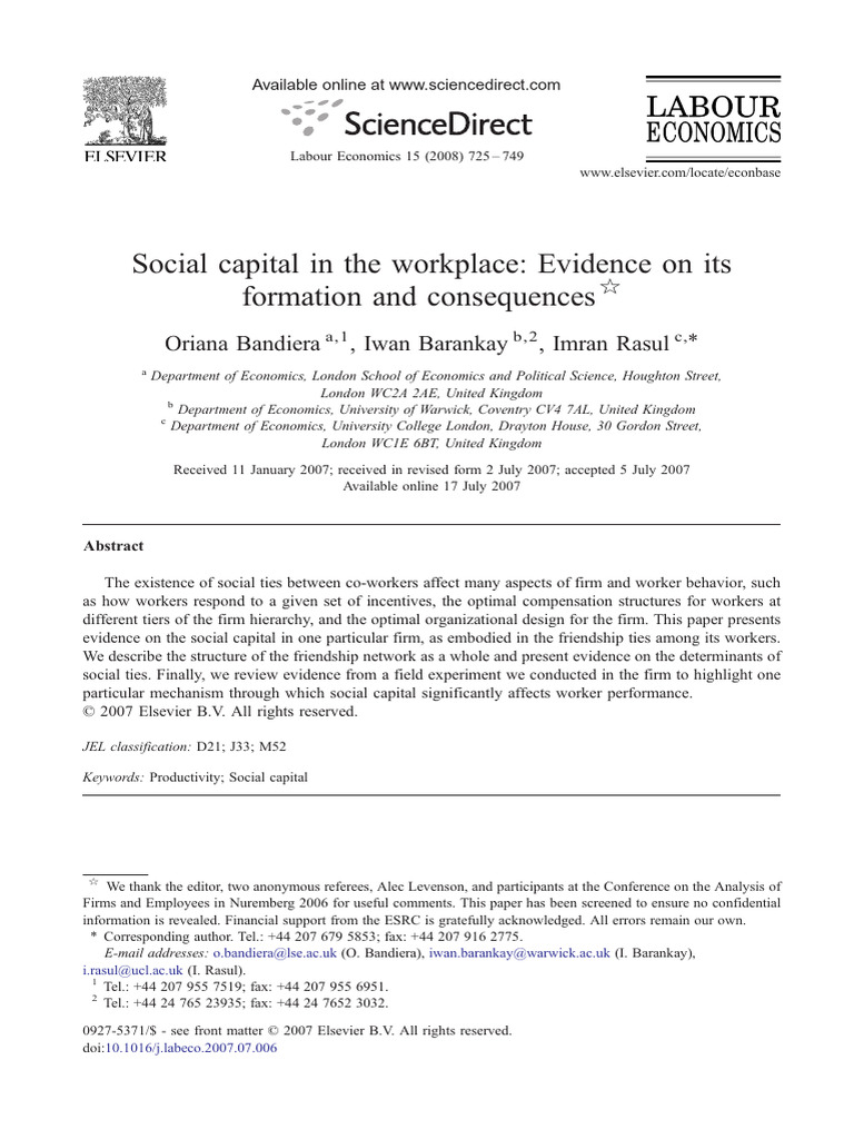 Social Capital in The Workplace Evidence On Its Formation and ...