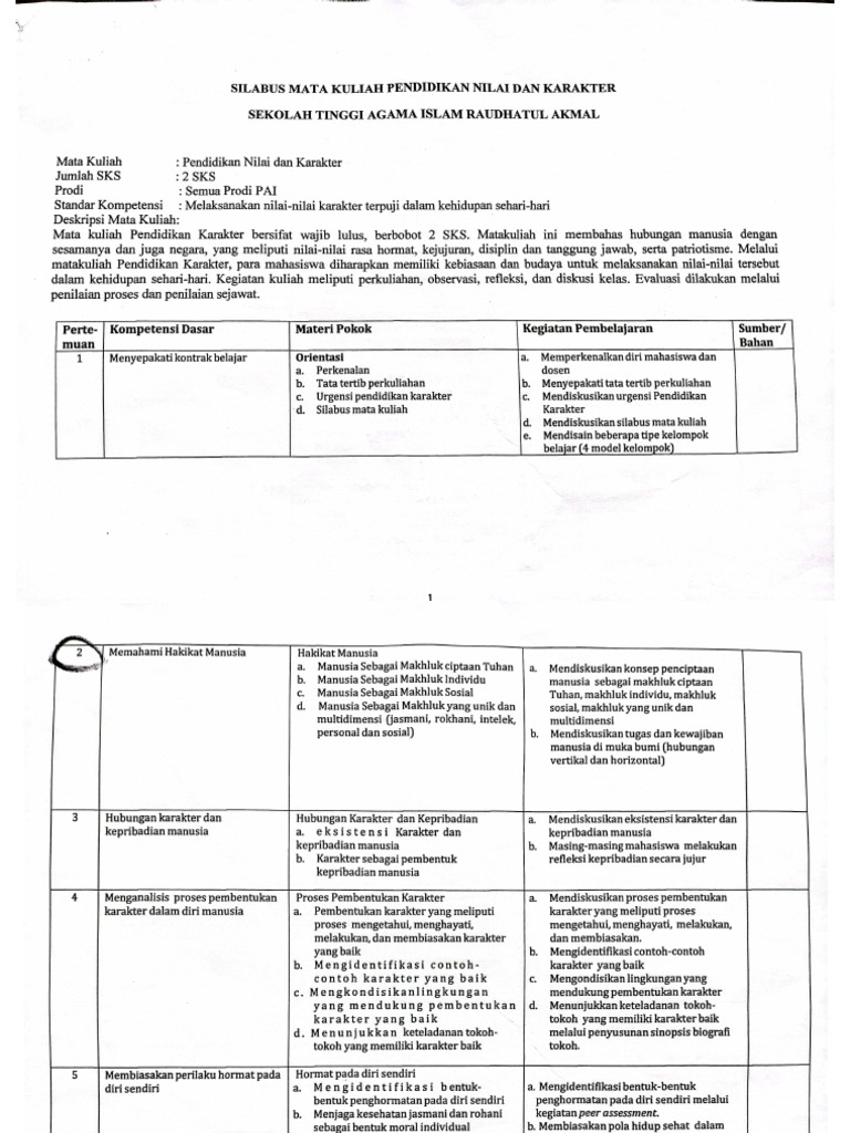 SILABUS Pendidikan Nilai Dan Karakter 1 Pai 2025 GANJIL PDF | PDF