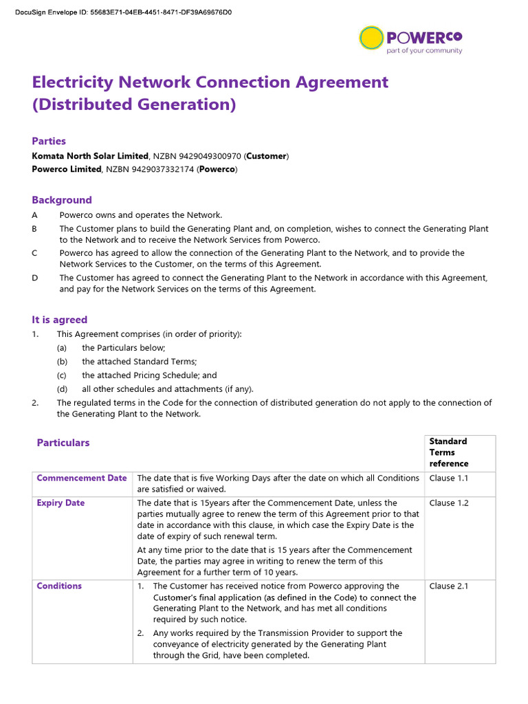 Powerco Electricity Network Connection Agreement - DG - Komata North ...