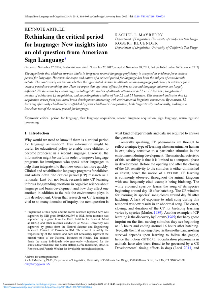 Rethinking the Critical Period for Language New Insights Into an Old ...