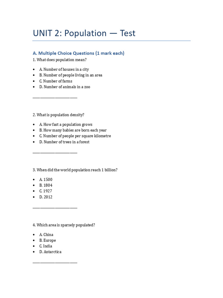 UNIT 2 Population Test With Answer Key | PDF | Natural Environment
