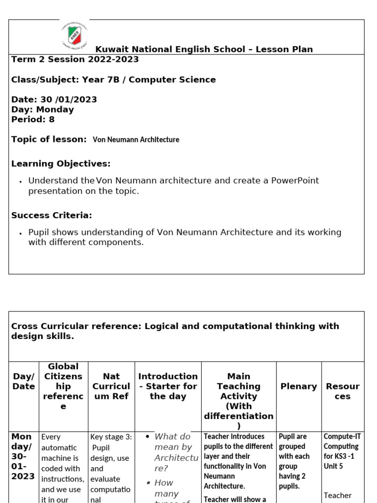 Lesson Plan 7 Von Neumann Architecture | PDF | Teachers | Lesson Plan