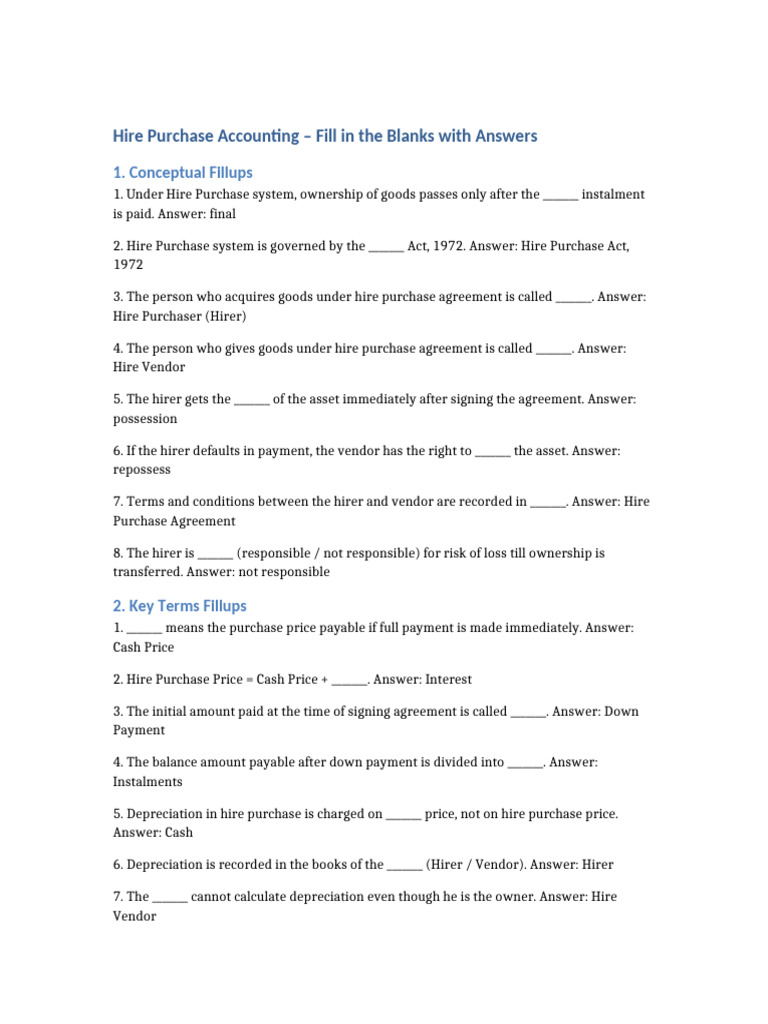 Hire Purchase Accounting Fill-in-the-Blanks | PDF | Depreciation ...