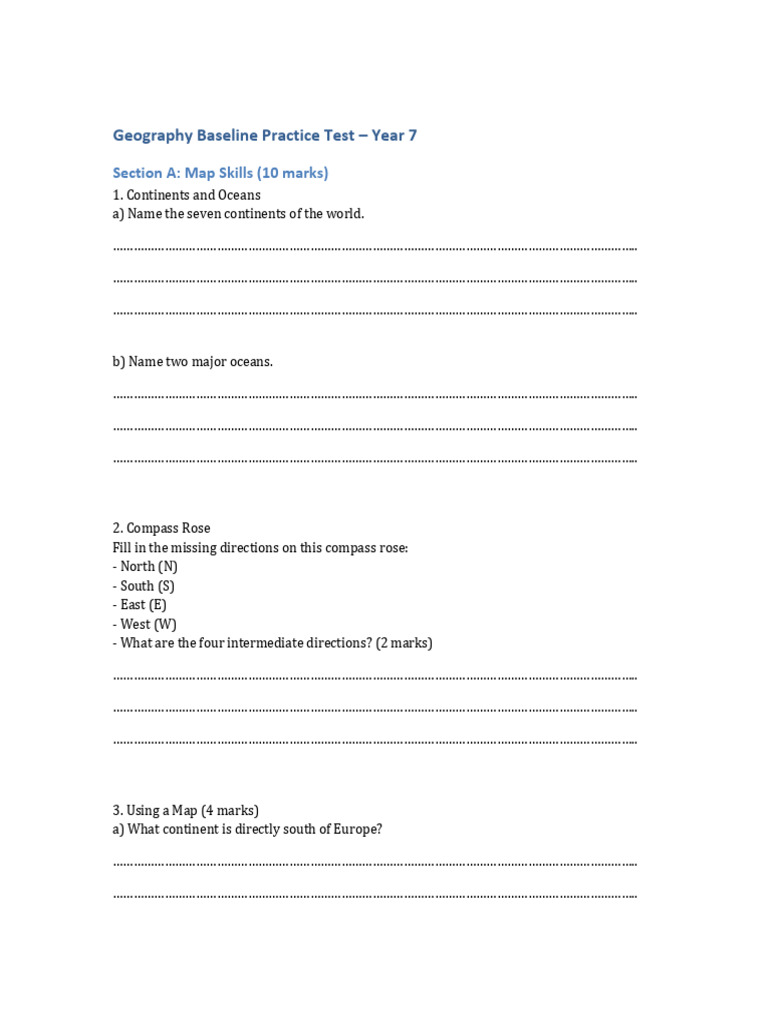 Geography Baseline Test Year7 | PDF | Geography | Physical Geography