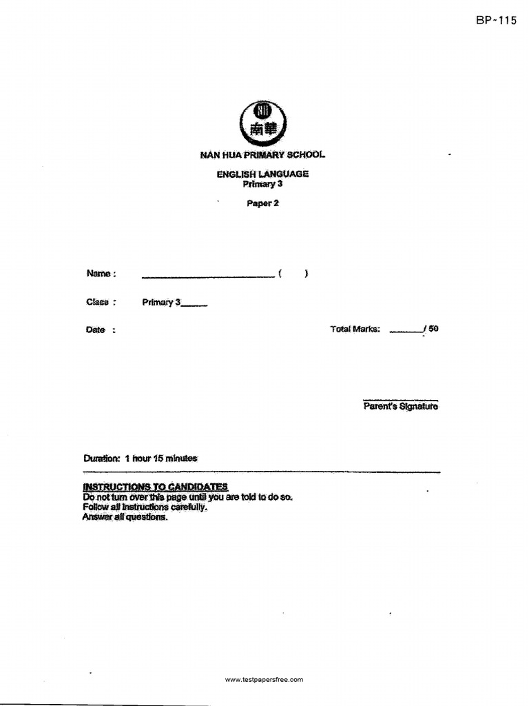 P3 English 2021 SA1 Nanhuapaper2 | PDF