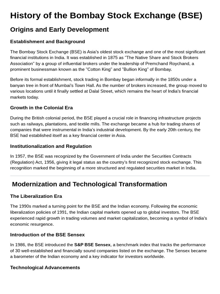 History of The Bombay Stock Exchange (BSE) PDF | PDF | Stock Exchange | Exchange Traded Fund