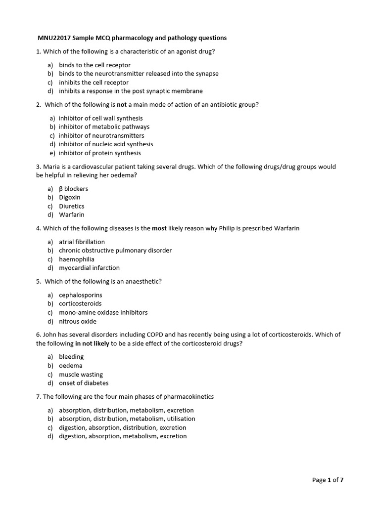 Sample MCQ Pharmacology and Pathology - Dec2023 | PDF | Inflammation ...
