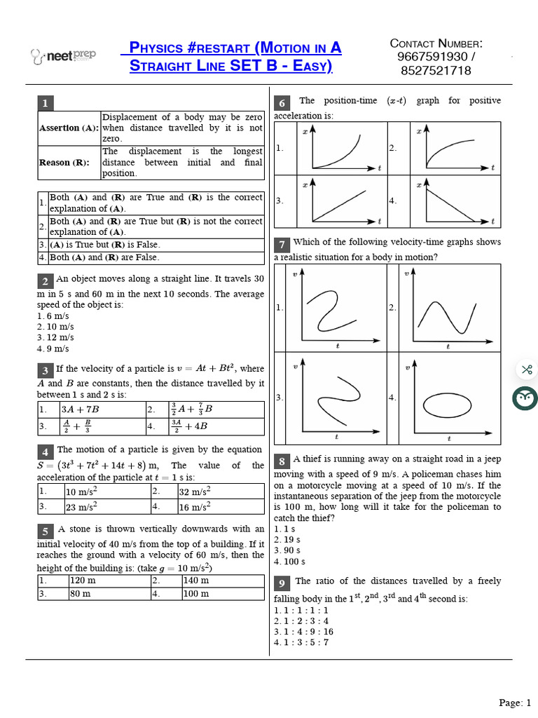 Motion in a Straight Line: Physics Quiz | PDF | Velocity | Acceleration