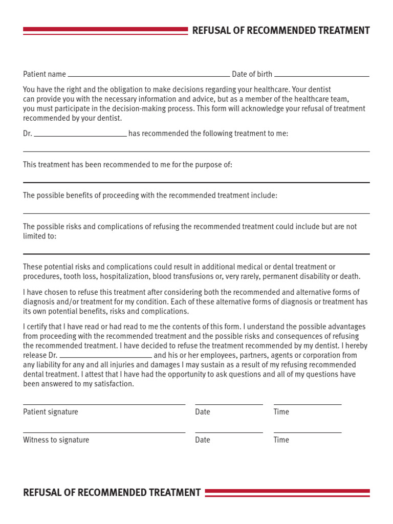 Refusal of Dental Treatment Form | PDF