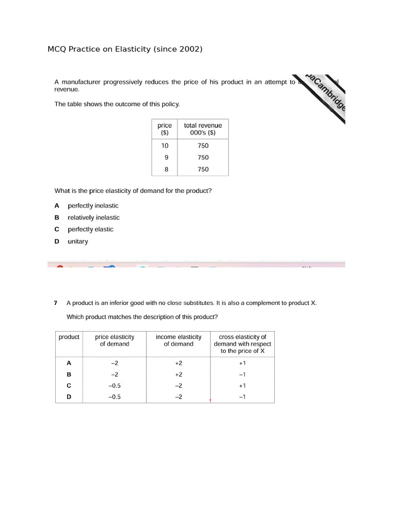 MCQ Practice On Elasticity | PDF