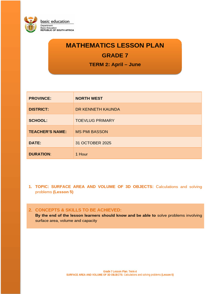 Grade 7 Term 4 SURFACE AREA AND VOLUME OF 3D OBJECTS Lesson 5 | PDF ...