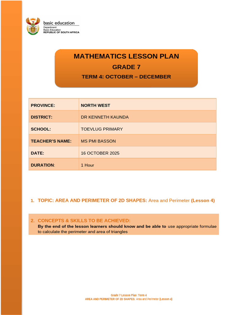 Grade 7 Term 2 Area and Perimeter of 2d Shapes Lesson 4 | PDF | Area ...