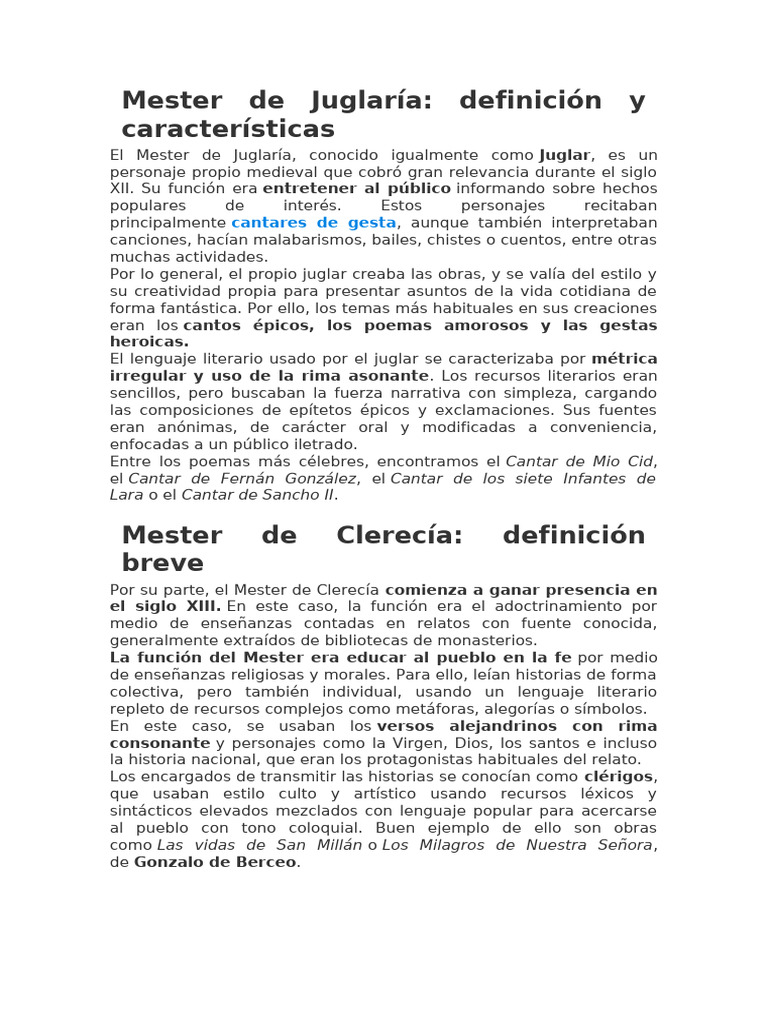 Mester de Juglaría y Clerecía: diferencias | PDF