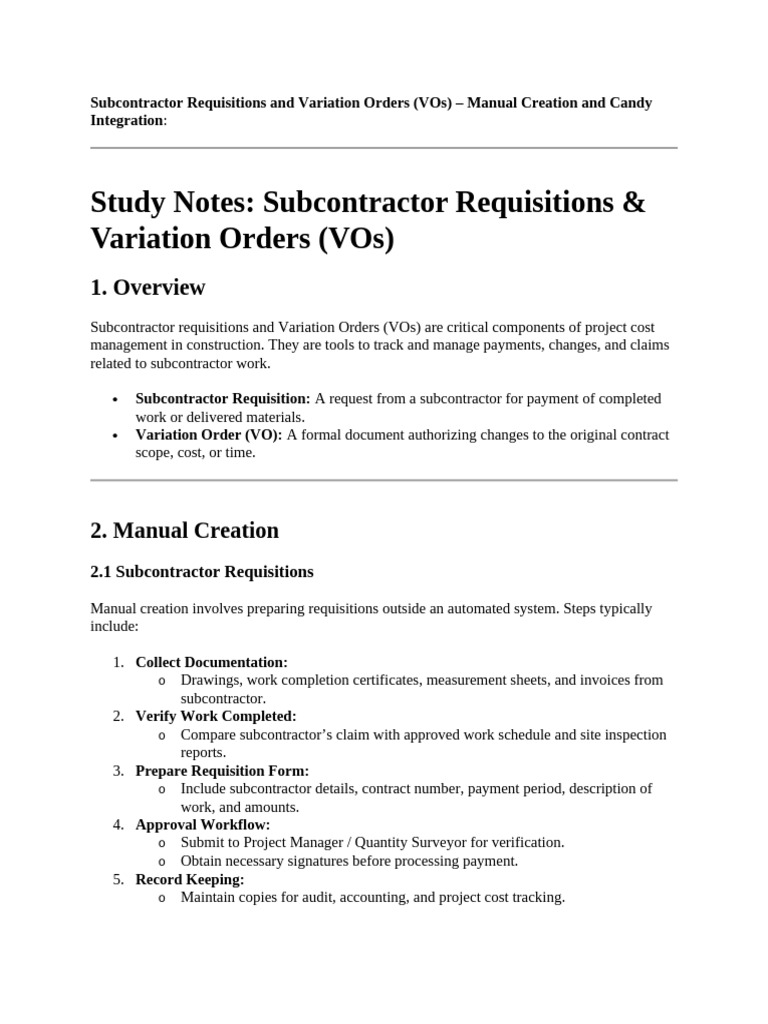 Subcontractor Requisitions and Variation Orders | PDF | Audit | Automation