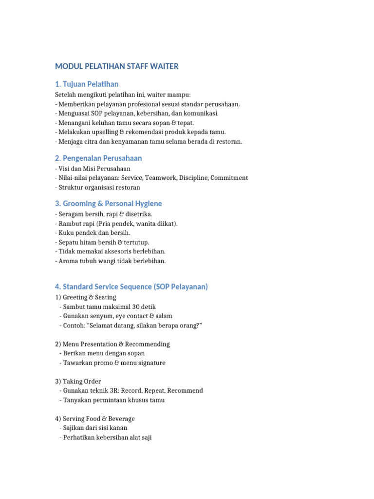 Modul Training Waiter | PDF