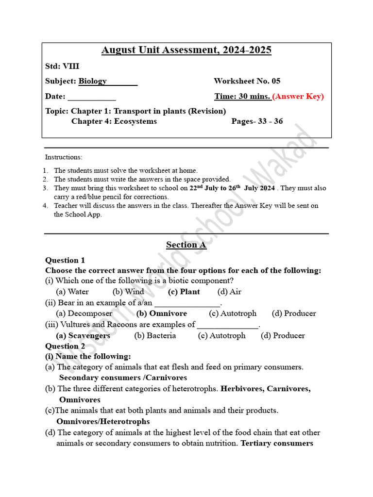 Biology Worksheet for Std VIII Assessment | PDF | Flowers | Soil