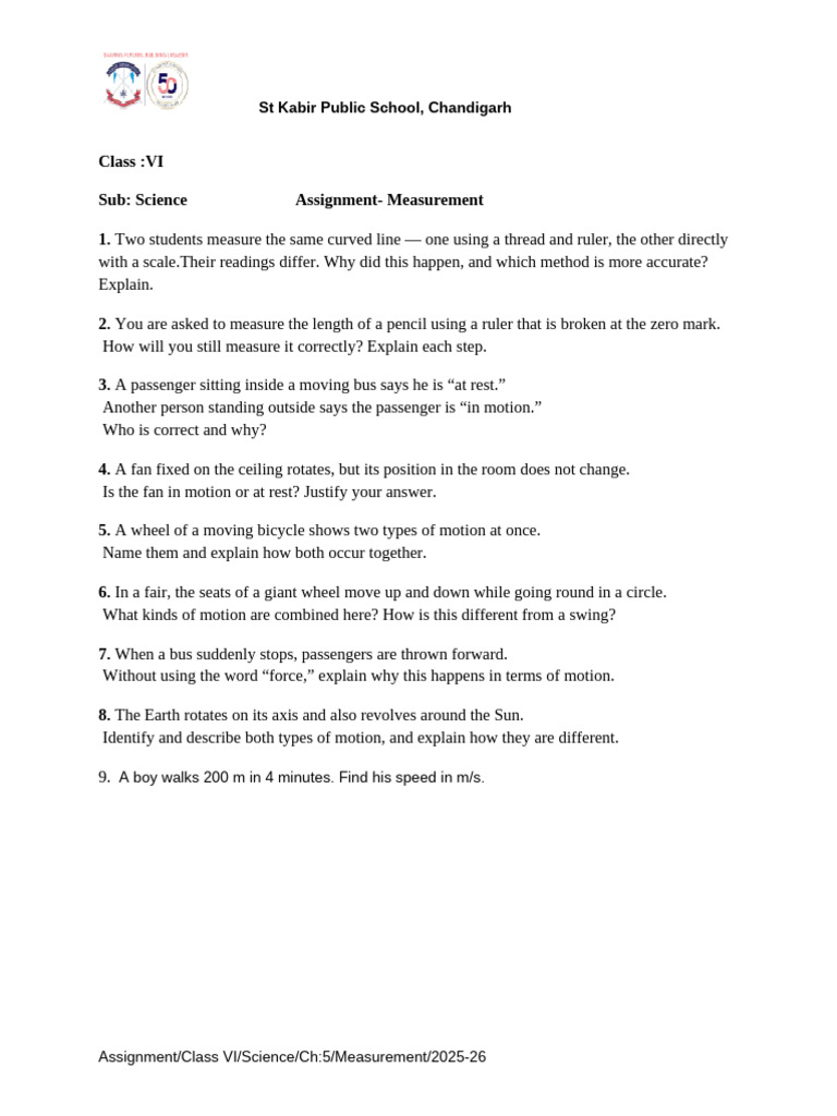 Assignment - Measurement CL 6 2025-26 | PDF
