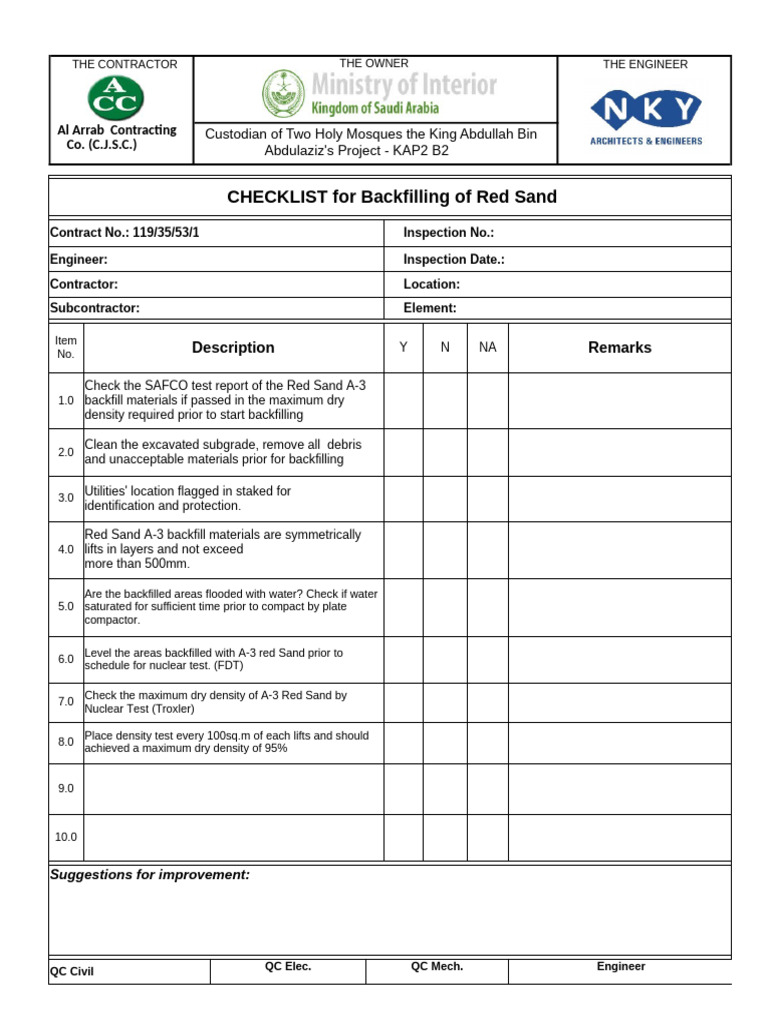 Red Sand Backfilling Checklist | PDF
