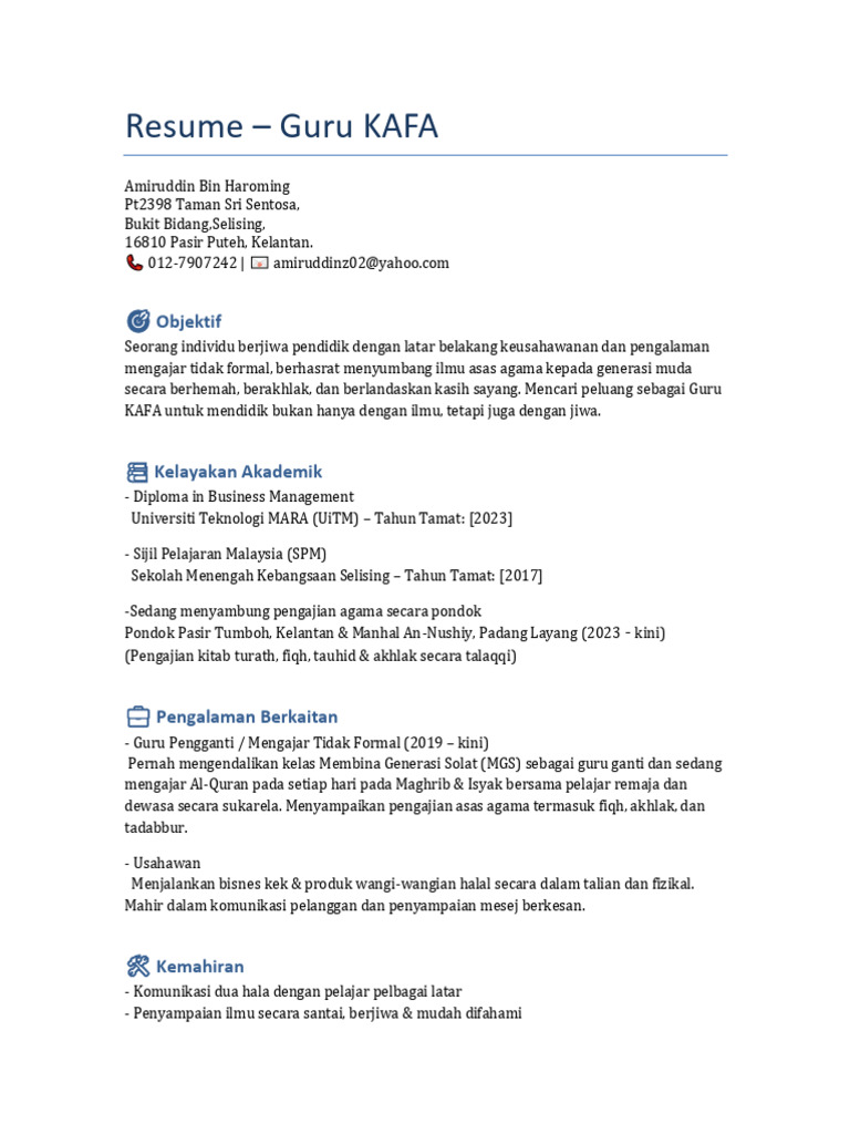 Resume Guru KAFA Amiruddin | PDF
