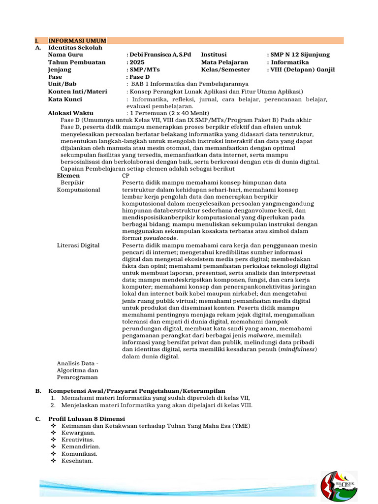 Contoh Informatika Kelas 8 Deep Learning-Stamped | PDF