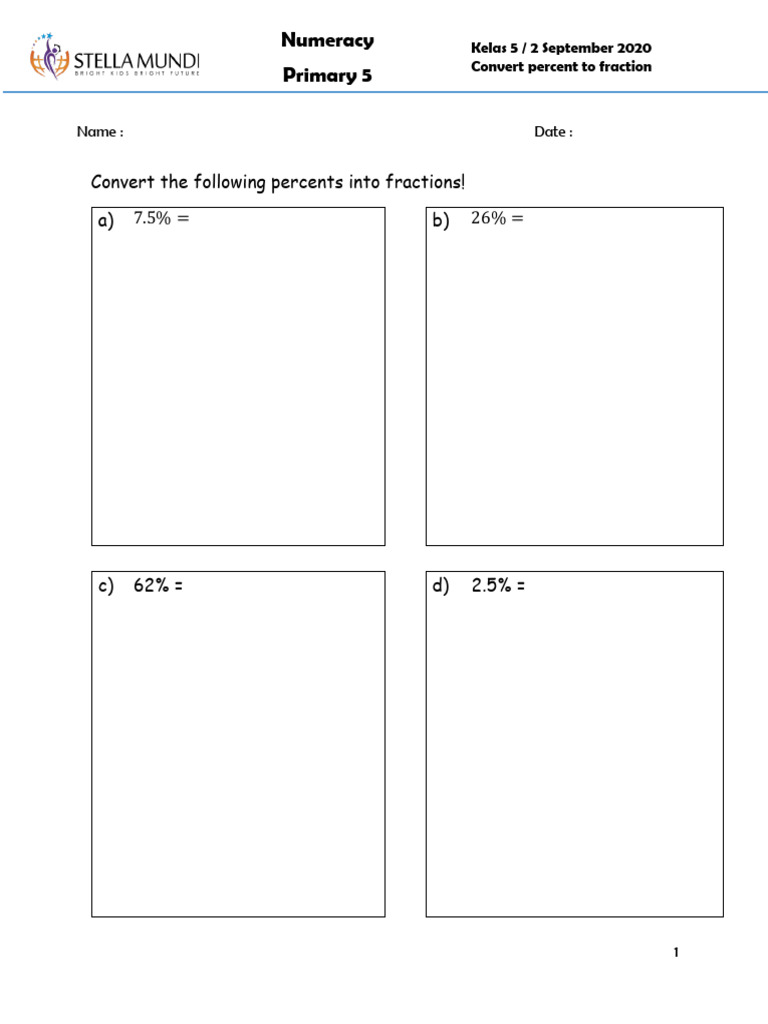 Convert Percent to Fraction Worksheet | PDF