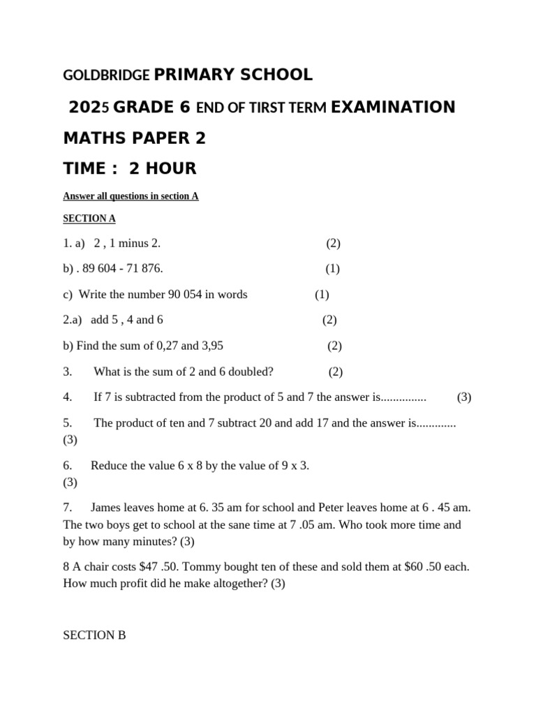 Grade 6 Maths Exam Paper 2025 | PDF