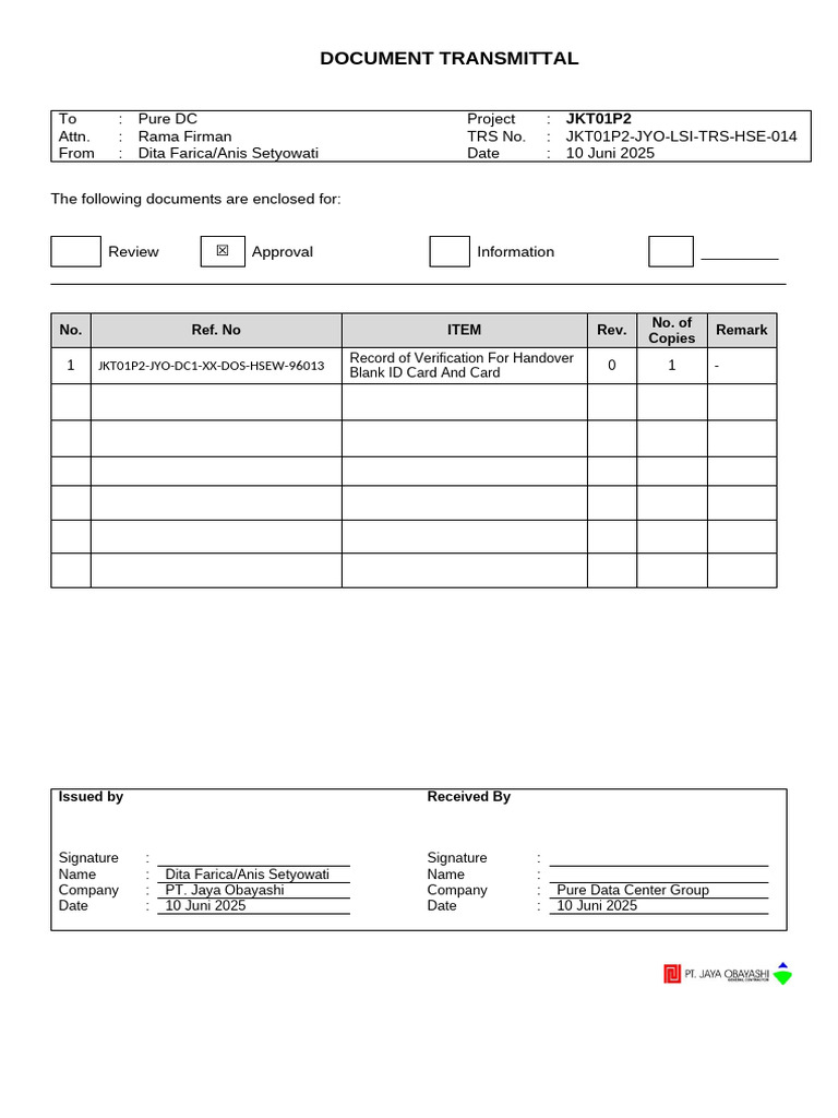 Form Transmital Id Card Landyard | PDF