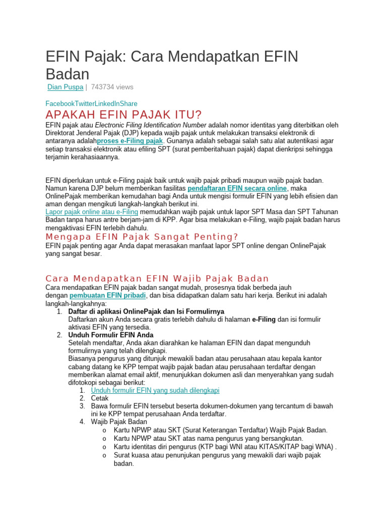 Contoh Nomor EFIN Pajak Badan | PDF