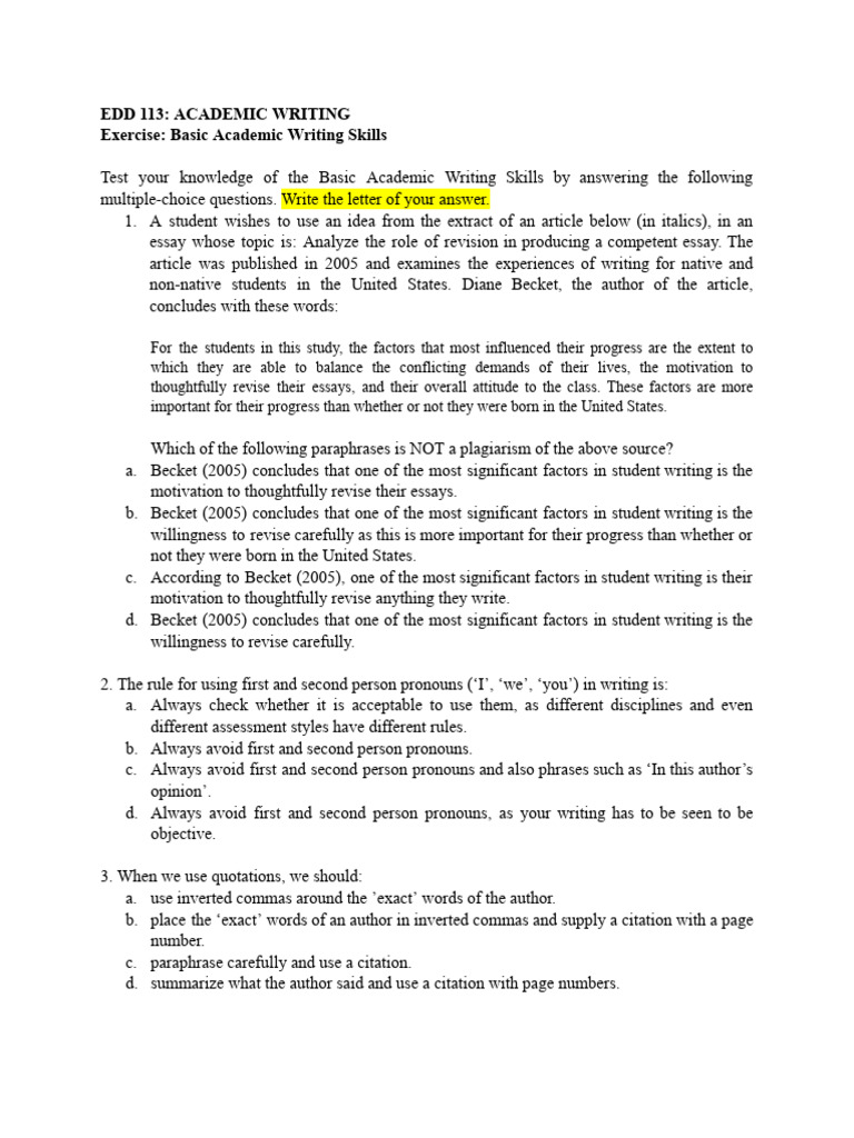 Academic Writing Skills Assessment Quiz | PDF | Essays | Citation