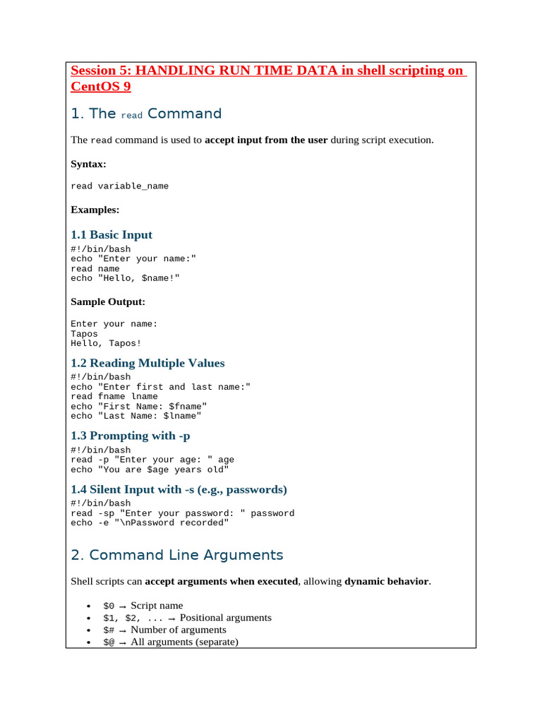 Session 5 - HANDLING RUN TIME DATA in Shell Scripting On CentOS 9 | PDF ...
