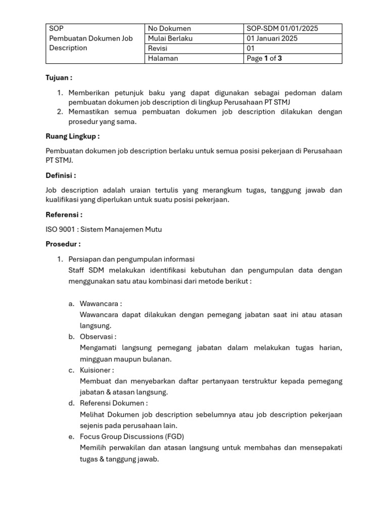 SOP Pembuatan Job Description PT STMJ | PDF