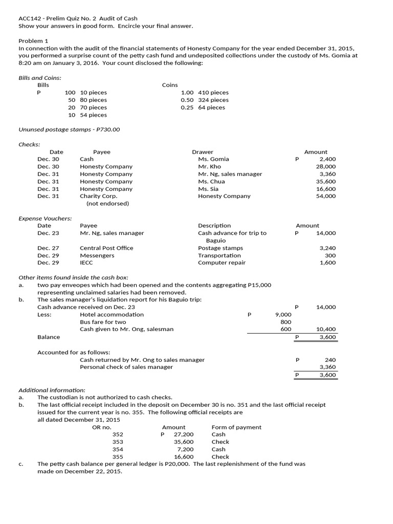 Audit of Cash for Honesty Company | PDF | Bookkeeping | Banks