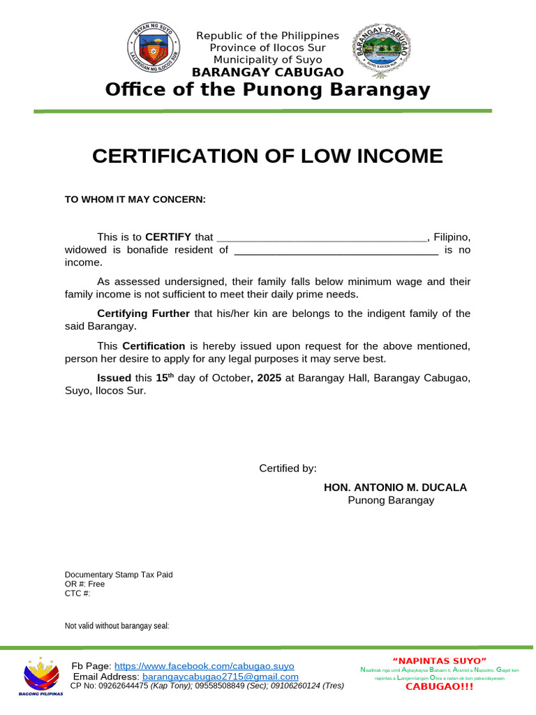 Certification of Low Income | PDF | Economies | Taxation