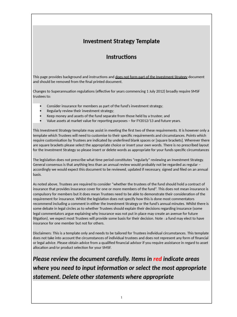SMSF Investment Strategy Template | PDF | Investing | Insurance